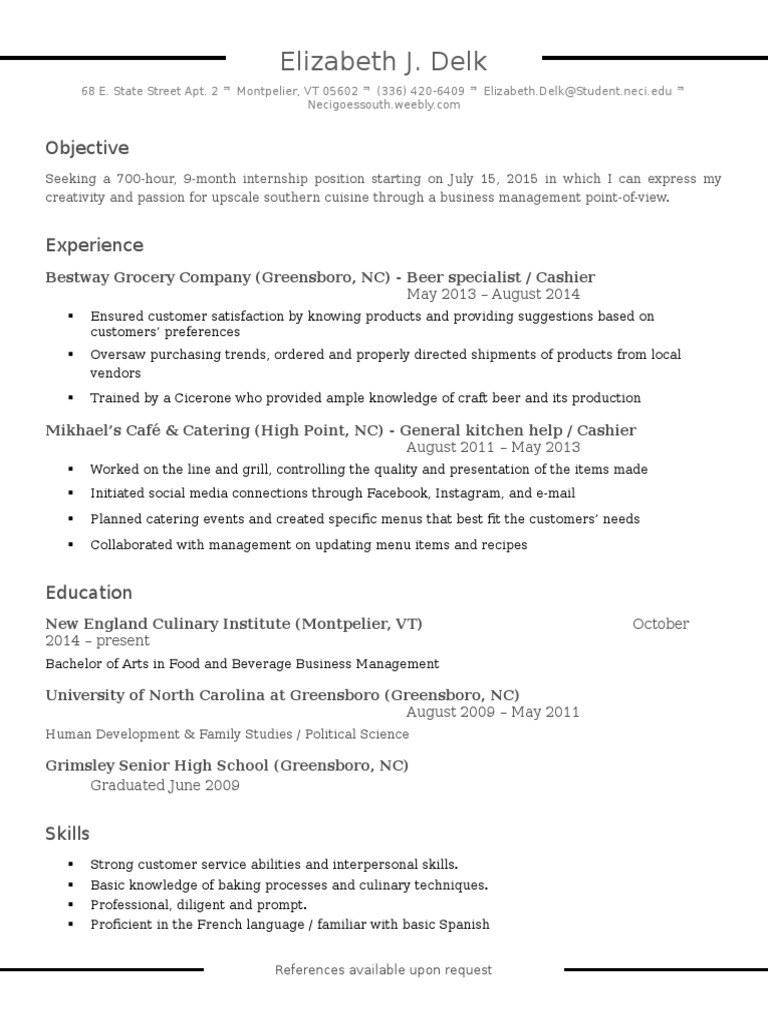 Culinary Internship Resume of Elizabeth Delk | PDF | Career & Growth