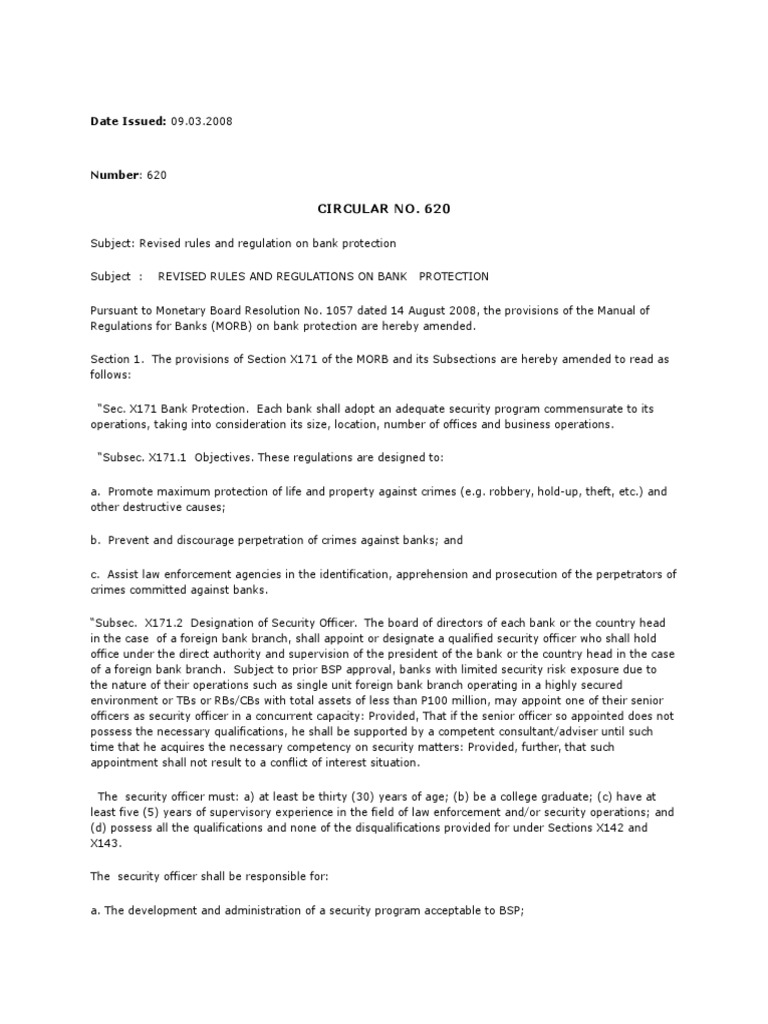 BSP Circular 620 | PDF | Bank Vault | Security Guard
