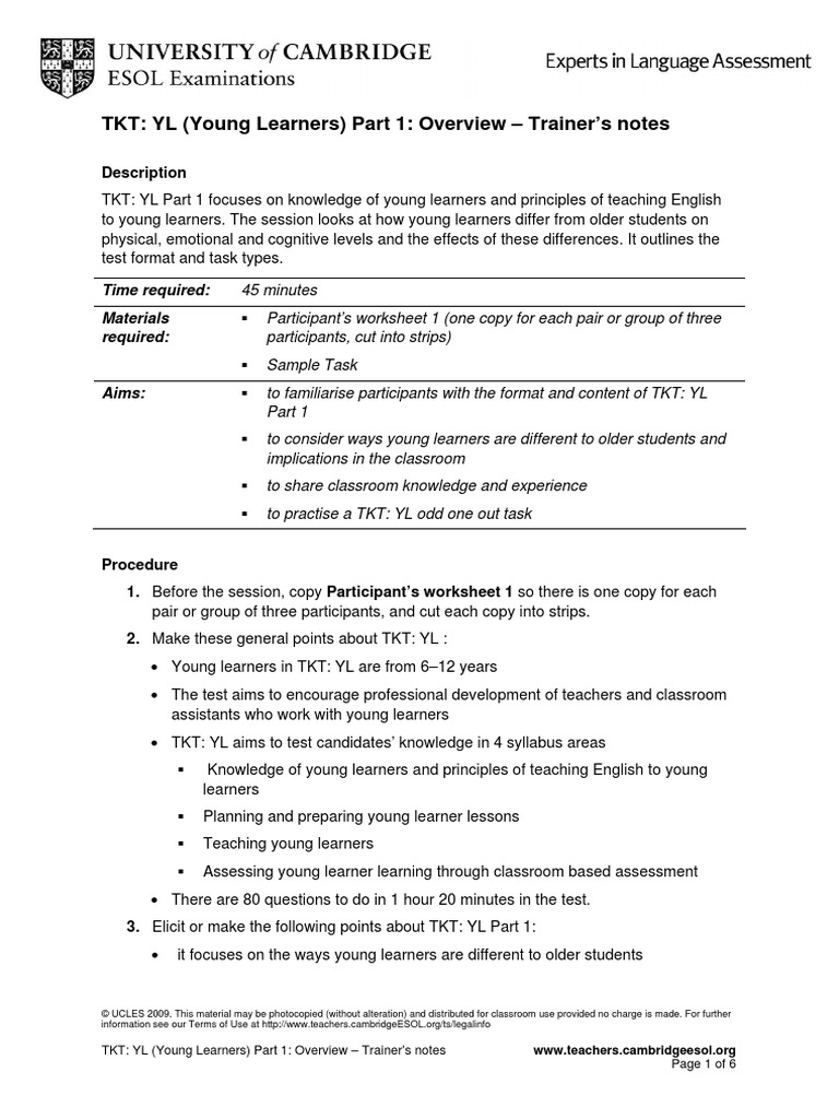 Tkt Yl Part 1 Overview | Test (Assessment) | Classroom