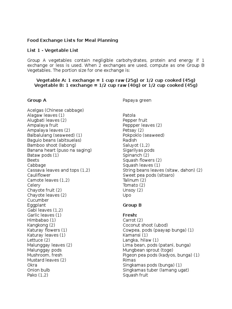 Food Exchange Lists | PDF | Juice | Diet & Nutrition