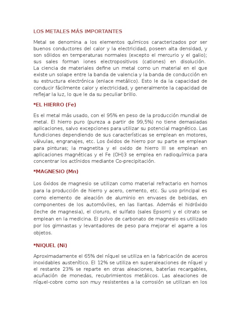 Principales Metales y sus Usos | PDF | Rieles | Hierro