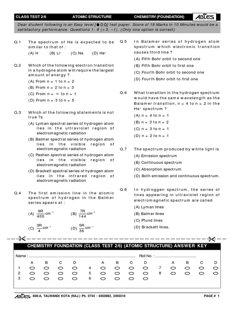 Chemistry Atomic Structure 2 Important Questions With Key | PDF ...