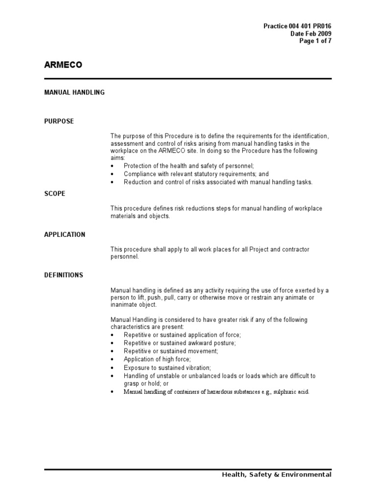 ARMECO Manual Handling Procedure | PDF | Risk | Occupational Safety And ...