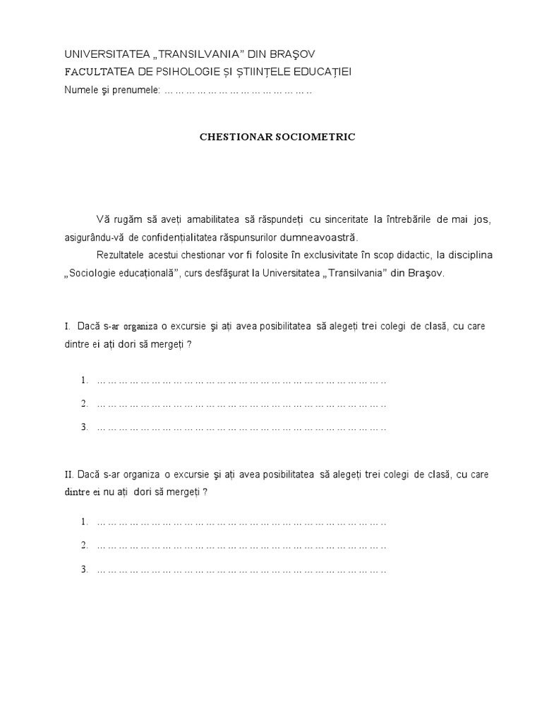 Chestionar Sociometric (Exemple de Chestionare) | PDF