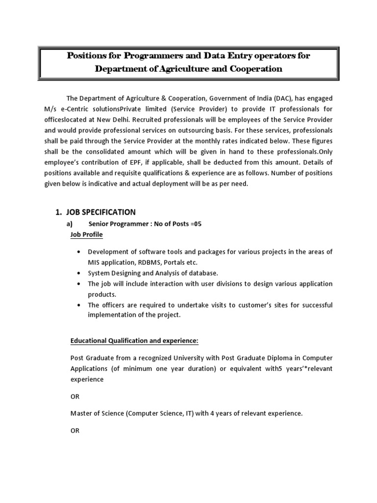 Positions For Programmers and Data Entry Operators For Department of ...
