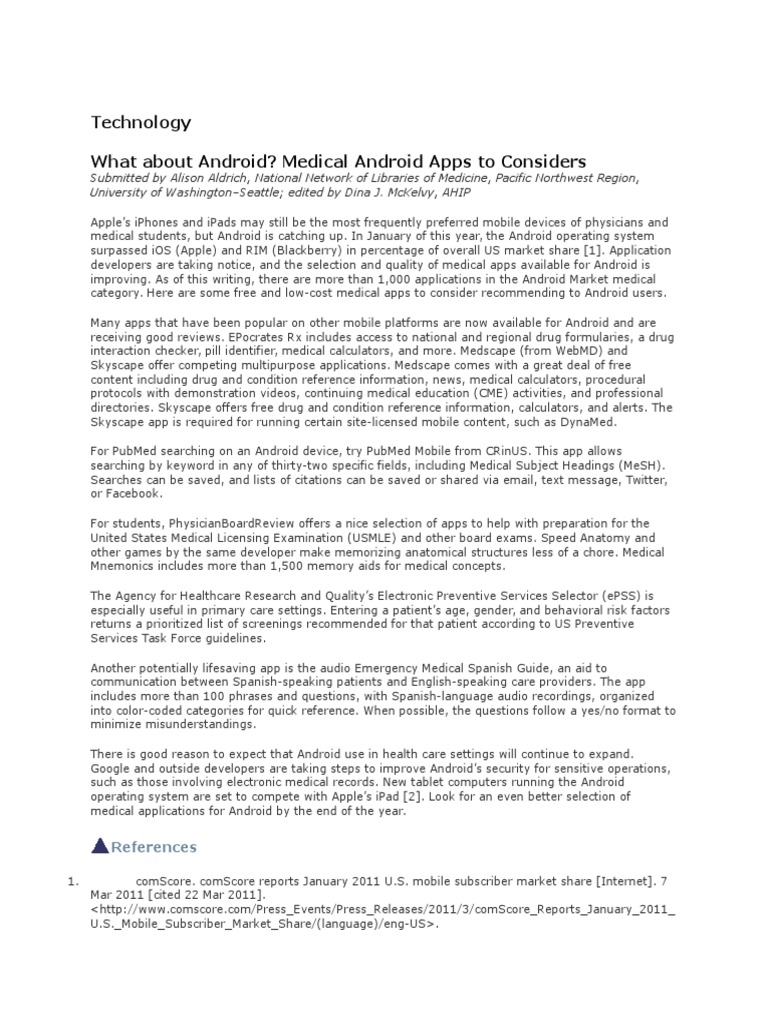 Considering Medical Android Apps: A Review of Useful Applications for ...
