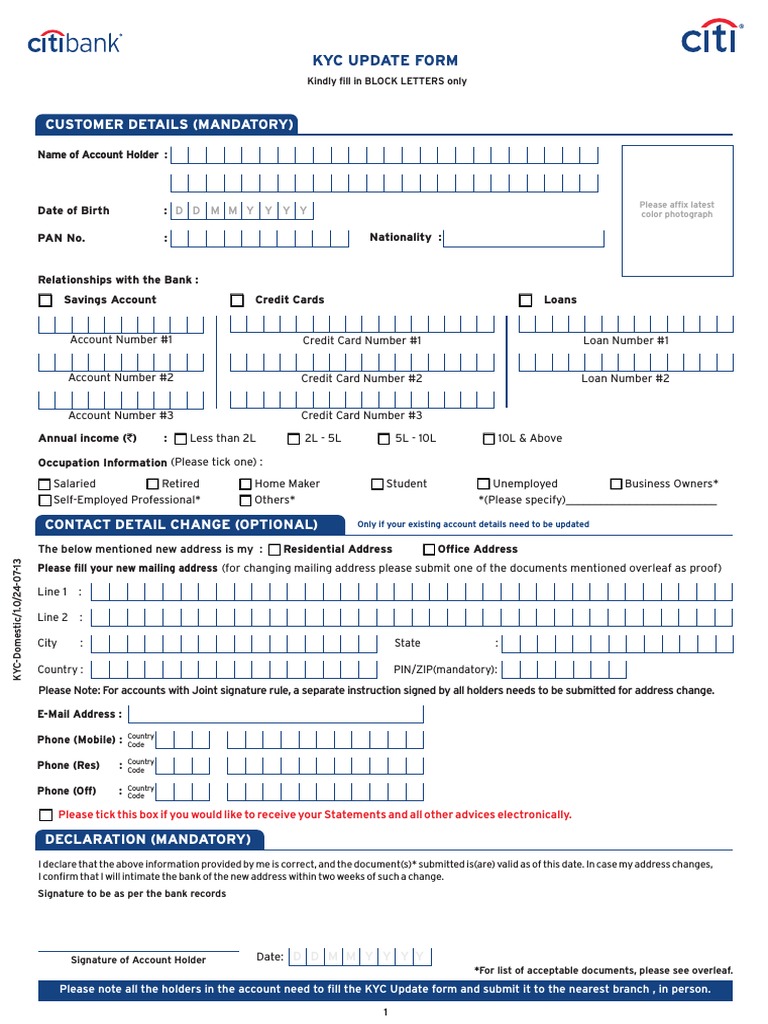 Kyc Update Form: Customer Details (Mandatory) | PDF | Identity Document ...