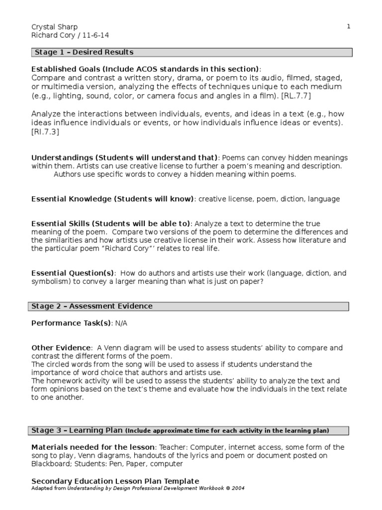 Richard Cory Lesson Plan | PDF | Lesson Plan | Poetry