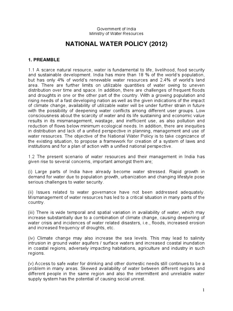 National Water Policy - Govenment of India PDF | Download Free PDF ...