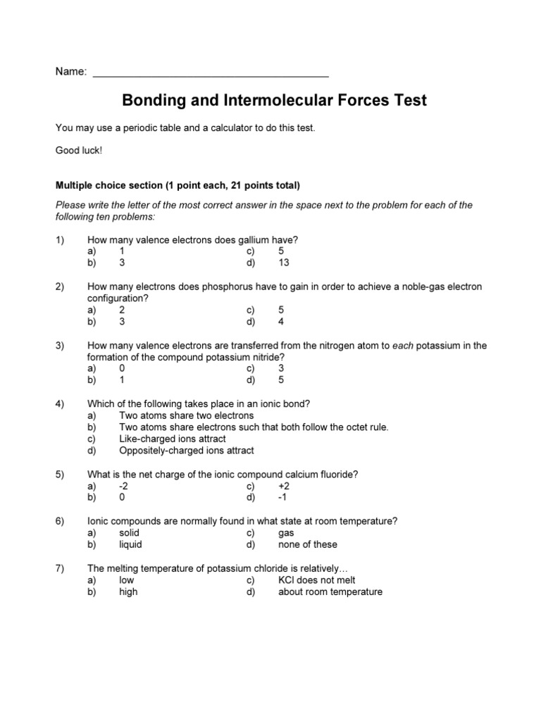 Bonding & Intermolecular Forces Quiz | PDF | Chemical Bond | Covalent Bond