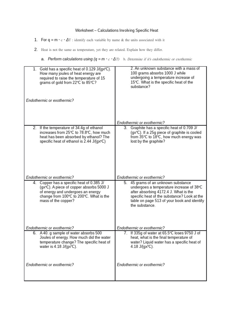 Specific Heat Capacity Worksheet | Download Free PDF | Heat | Temperature