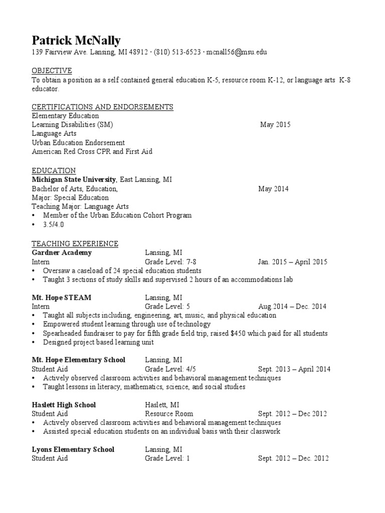 K-8 Educator Resume of Patrick McNally | PDF | Michigan State ...