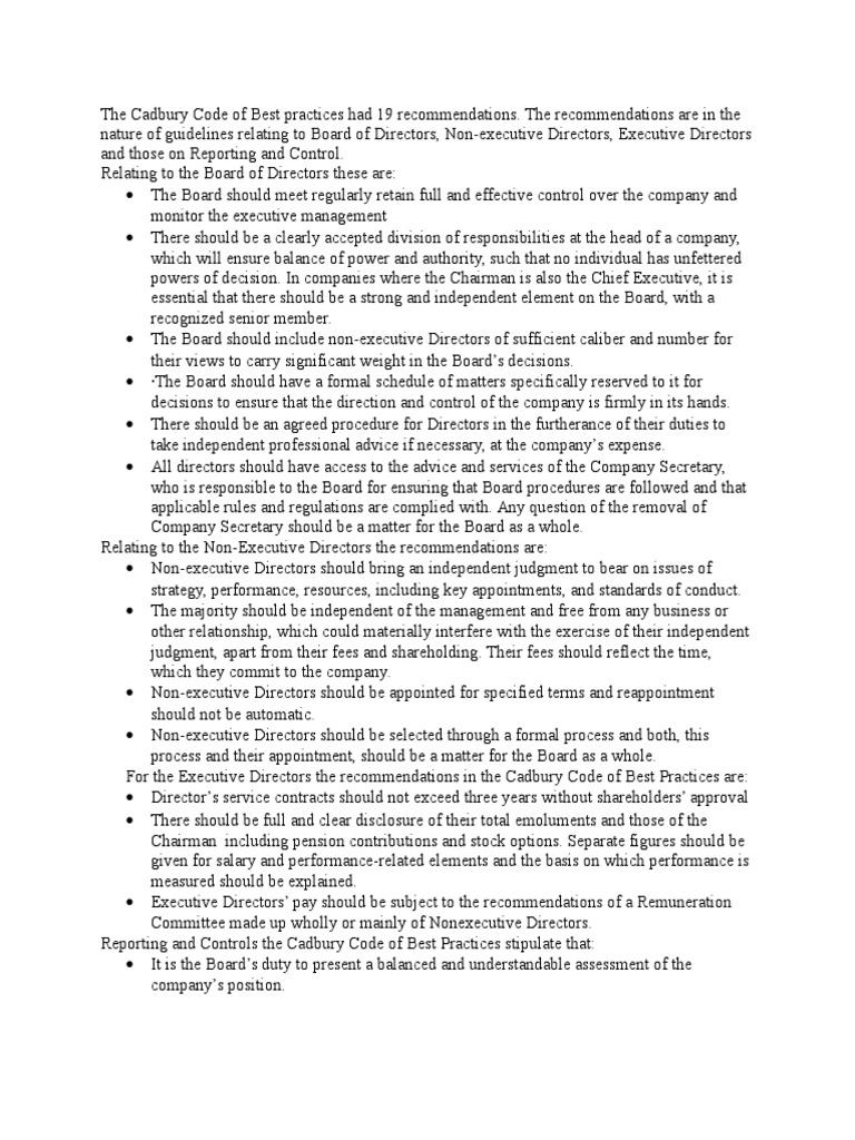 Cadbury Committee's 19 Key Recommendations | PDF | Board Of Directors ...
