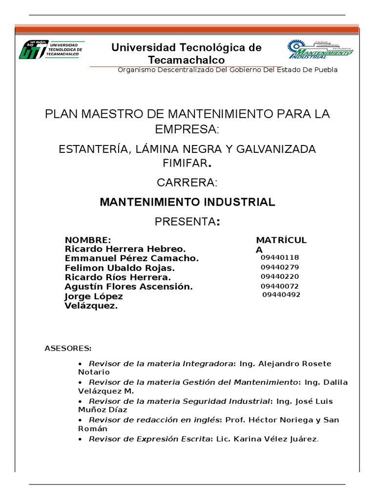 EJEMPLO DE PLAN MAESTRO DE MANTENIMIENTO | Calidad (comercial) | La seguridad