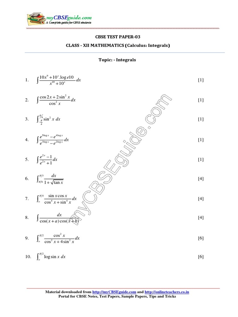 12 Mathematics Calculus Integrals Test 03 | PDF
