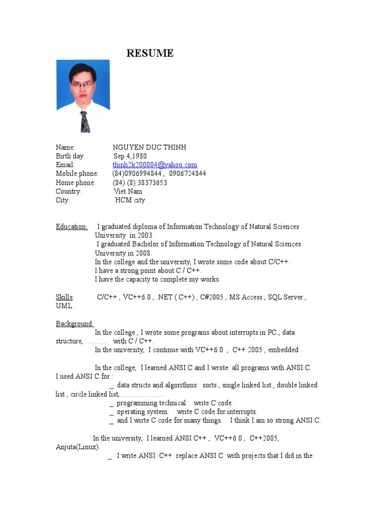 Cv Sample Pdf Embedded System C Programming Language