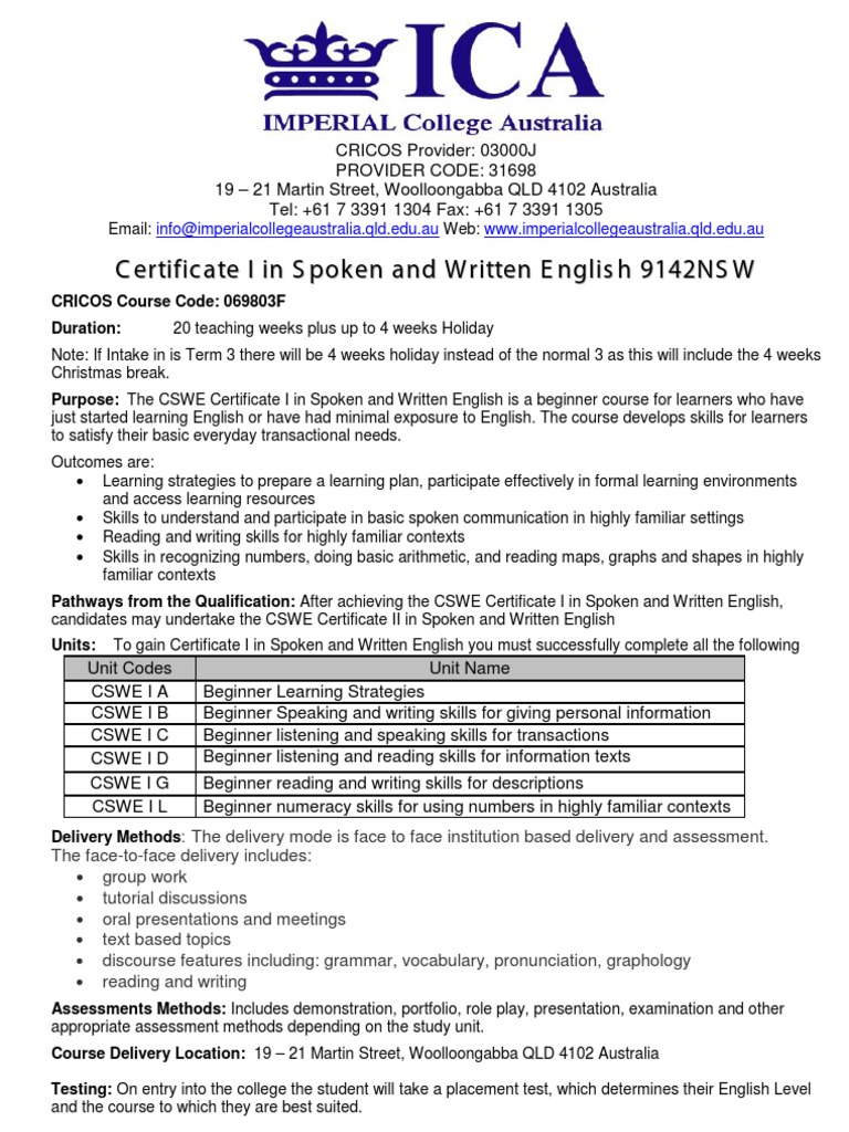 Imperial College Australia English Courses | PDF | Educational ...