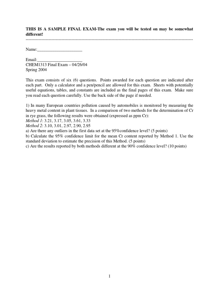 Quantitative Analysis Sample Final Exam | PDF | Titration | Chemistry