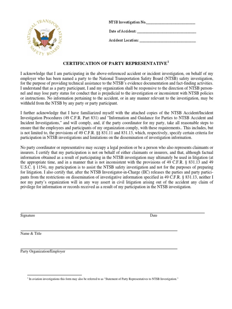 NTSB Investigation Party Form | PDF | National Transportation Safety ...