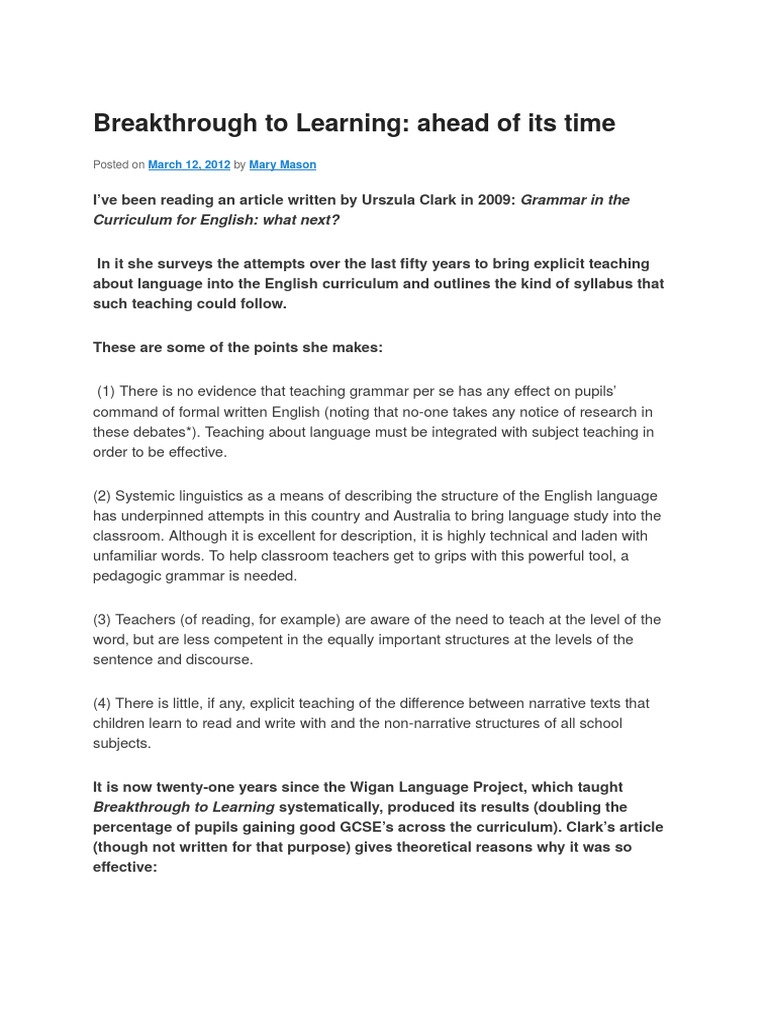 Breakthrough To Learning: Ahead of Its Time | PDF | Curriculum ...