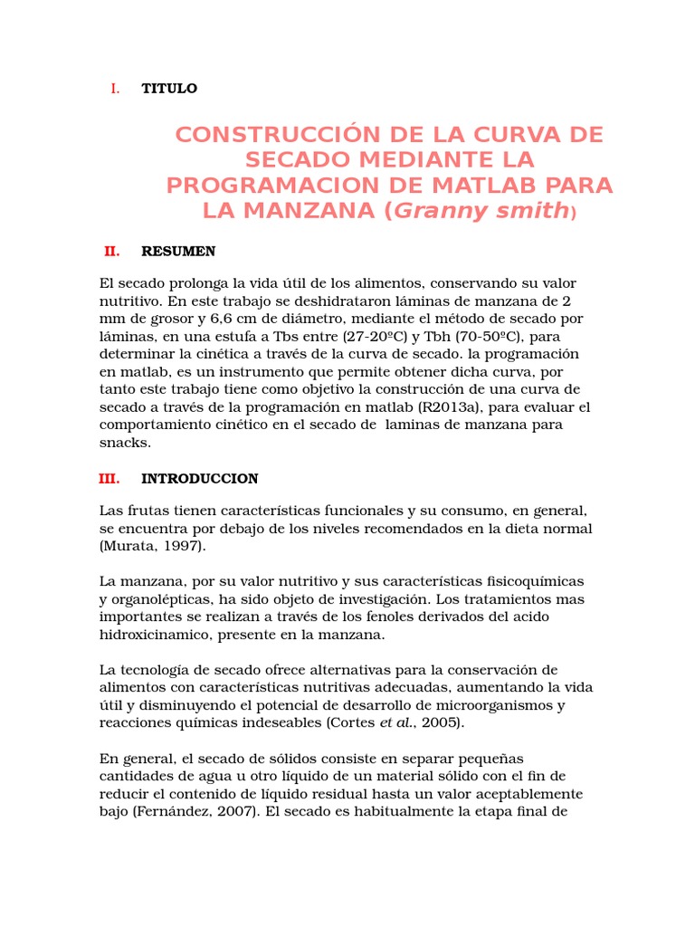 Resumen de Programacion en Matlab Curvas de Secado | PDF | Programación de computadoras | Alimentos