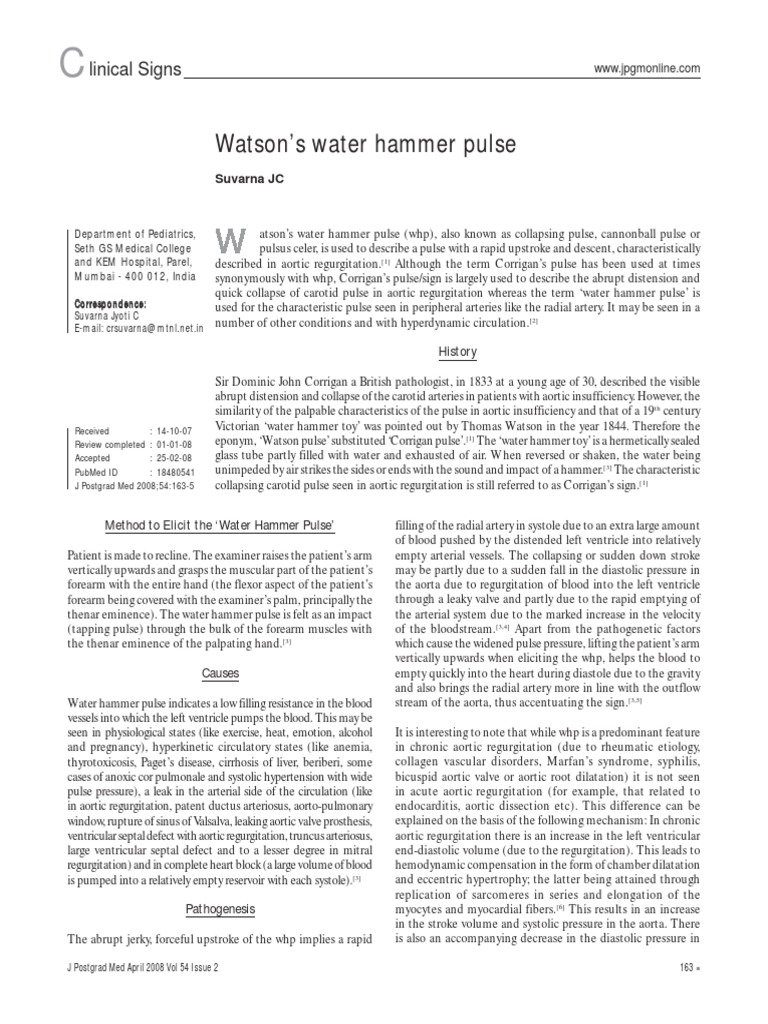 Watson’s water hammer pulse: linical Signs