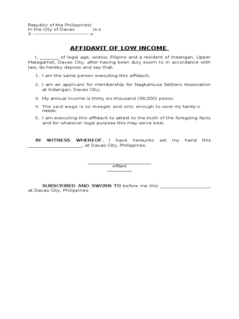 Affidavit of Low Income (Sample) | PDF | Affidavit | Document