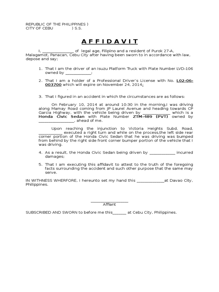 Affidavit of Car Accident in Cebu | PDF | Business