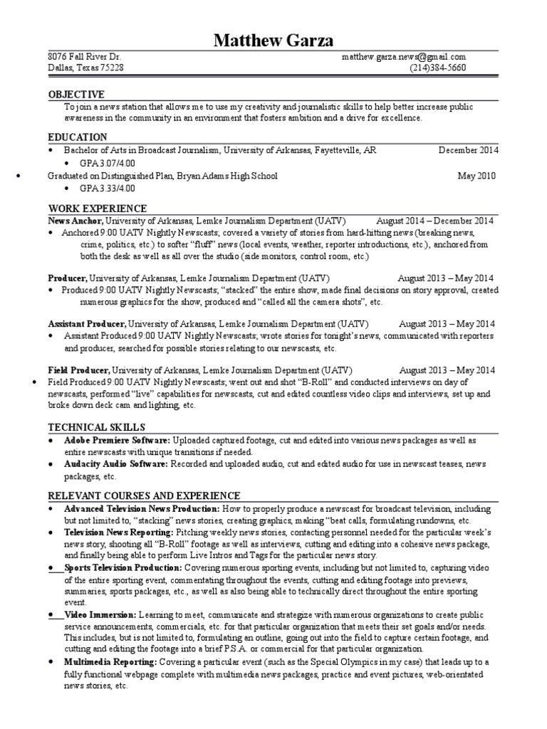 Matthew Garzas Official Resume | PDF | News Broadcasting | Journalism