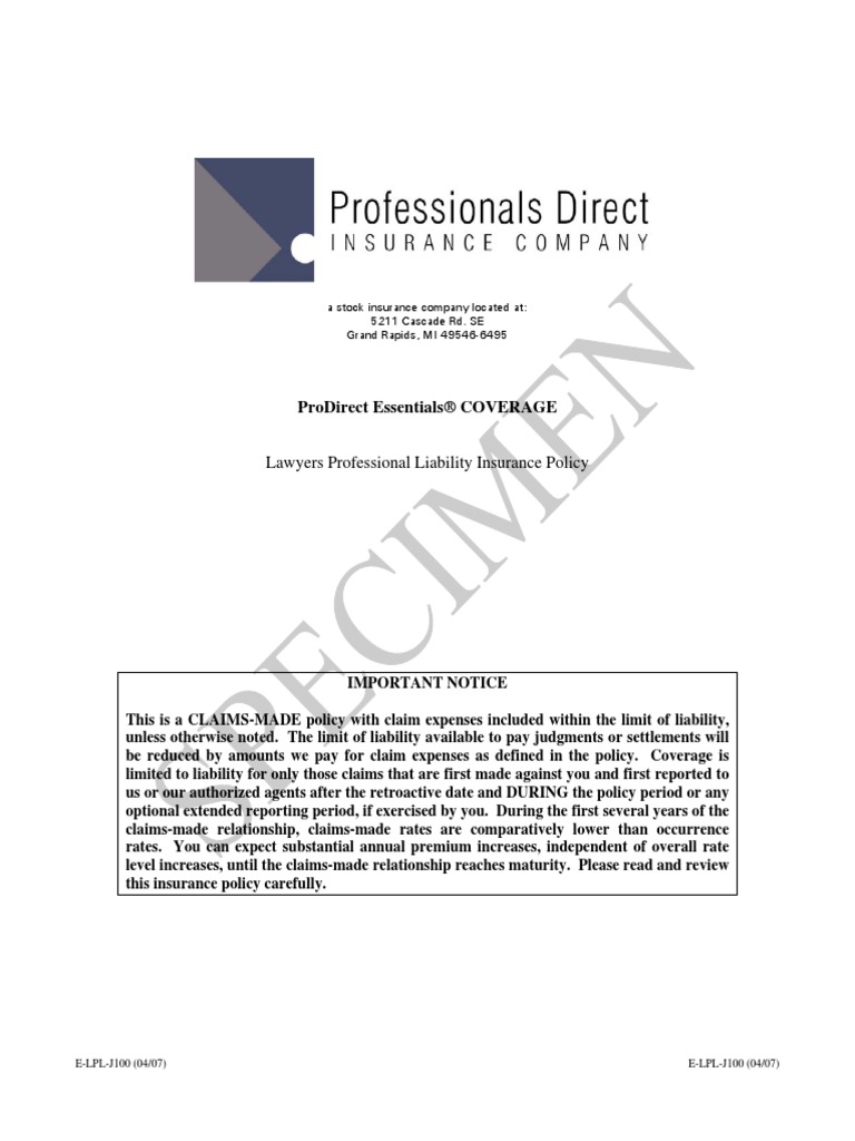 Specimen Policy Lawyers Professional Liability Insurance - Chubb | PDF ...