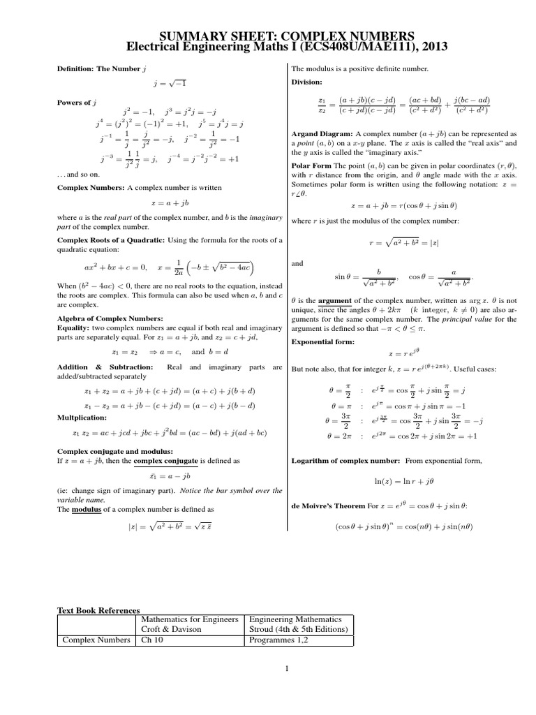 Summary Sheet: Complex Numbers Electrical Engineering Maths I (ECS408U ...