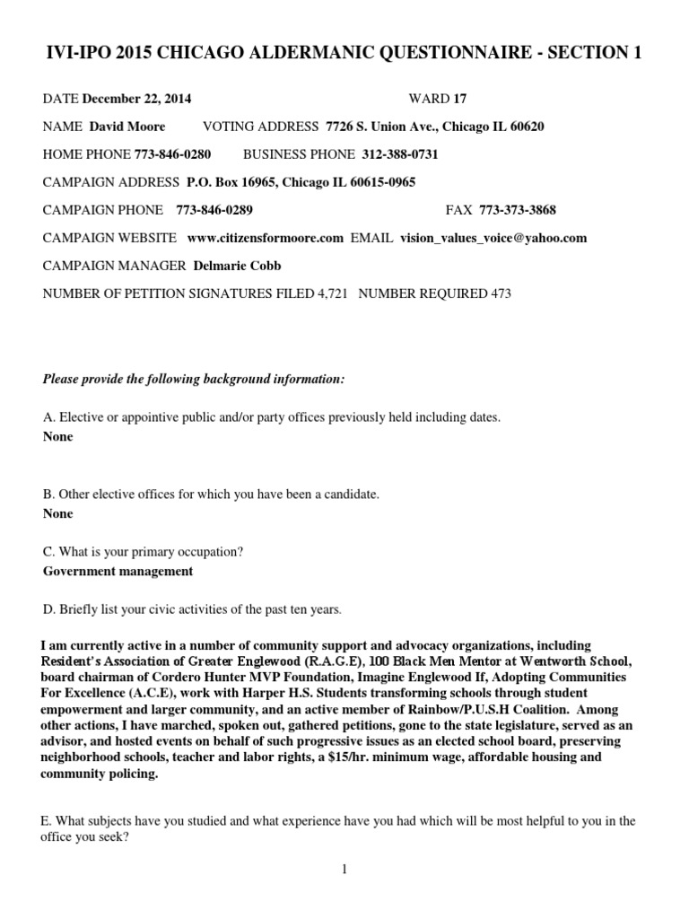 Ivi-Ipo 2015 Chicago Aldermanic Questionnaire - Section 1: Please ...