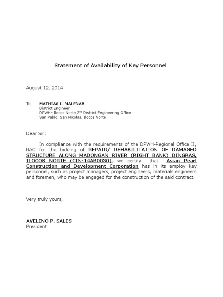 Key Personnel Availability Statement | PDF | Technology & Engineering