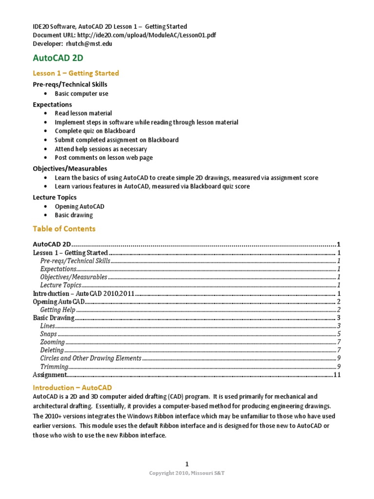 Autocad 2D: Lesson 1 - Getting Started | PDF | Auto Cad | Cartesian ...
