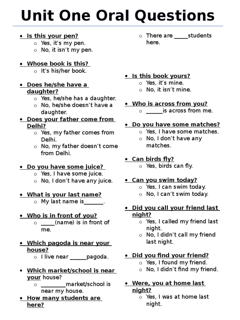 Unit One Oral Questions | PDF