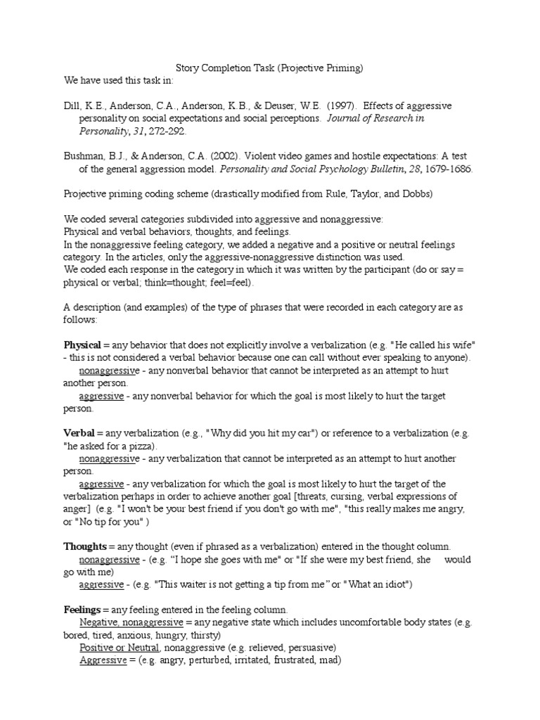 Story Completion Task | PDF | Anger | Priming (Psychology) Story Completion Task | PDF | Anger | Priming (Psychology)