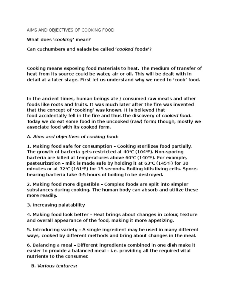 Aims and Objectives of Cooking Food | PDF | Cooking | Batter (Cooking)