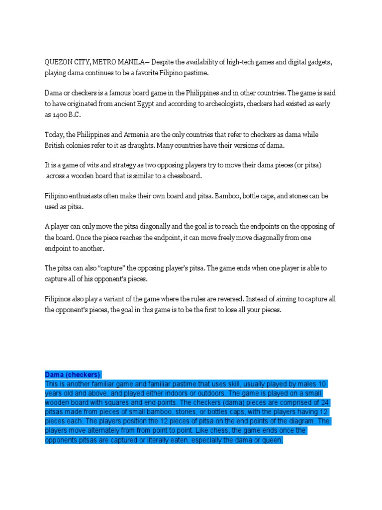 Dama: A Filipino Board Game Guide | PDF
