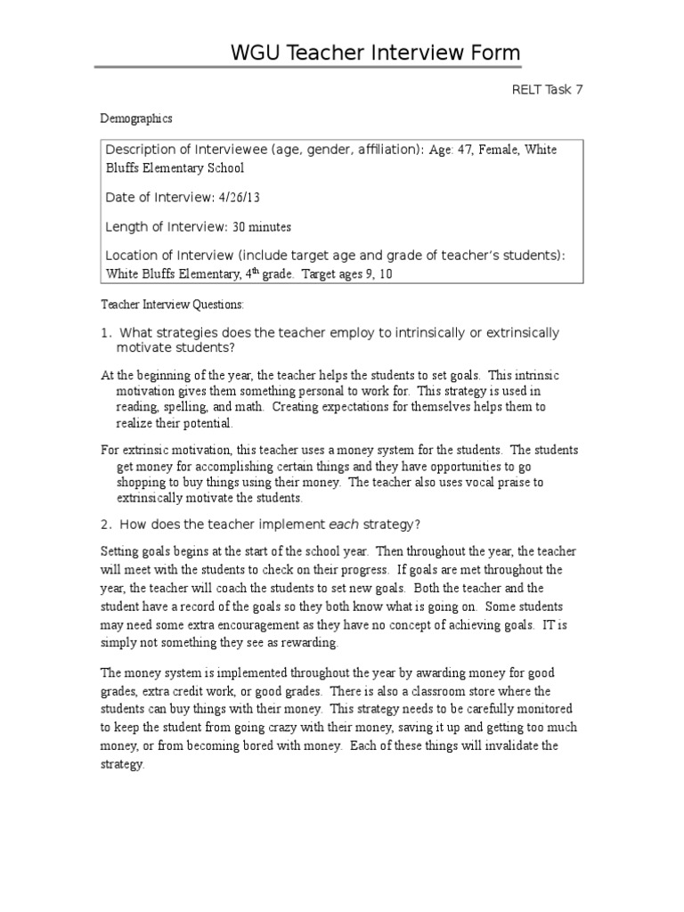 RELT Task 7 WGU Teacher Interview Form CTNSRPF | PDF | Motivation ...