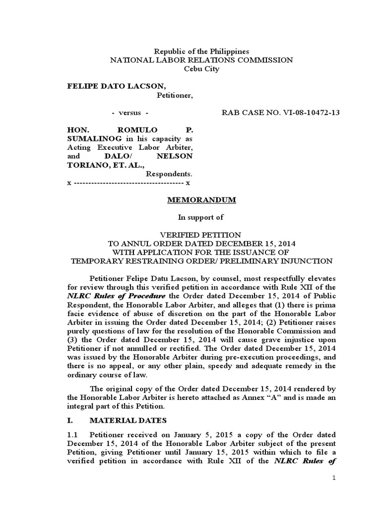 Verified Petition to Annul NLRC Order | PDF | Injunction | Restraining ...