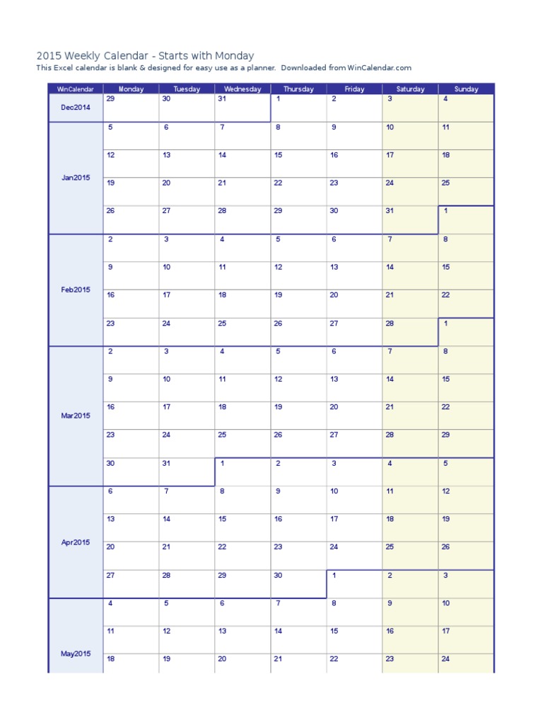 2015 Weekly Calendar - Starts With Monday: Monday Tuesday Wednesday ...