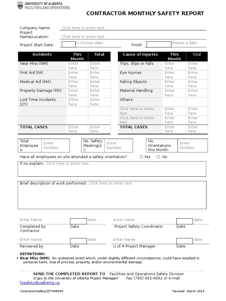 Monthly Safety Report for Contractors | PDF | Health Sciences | Safety