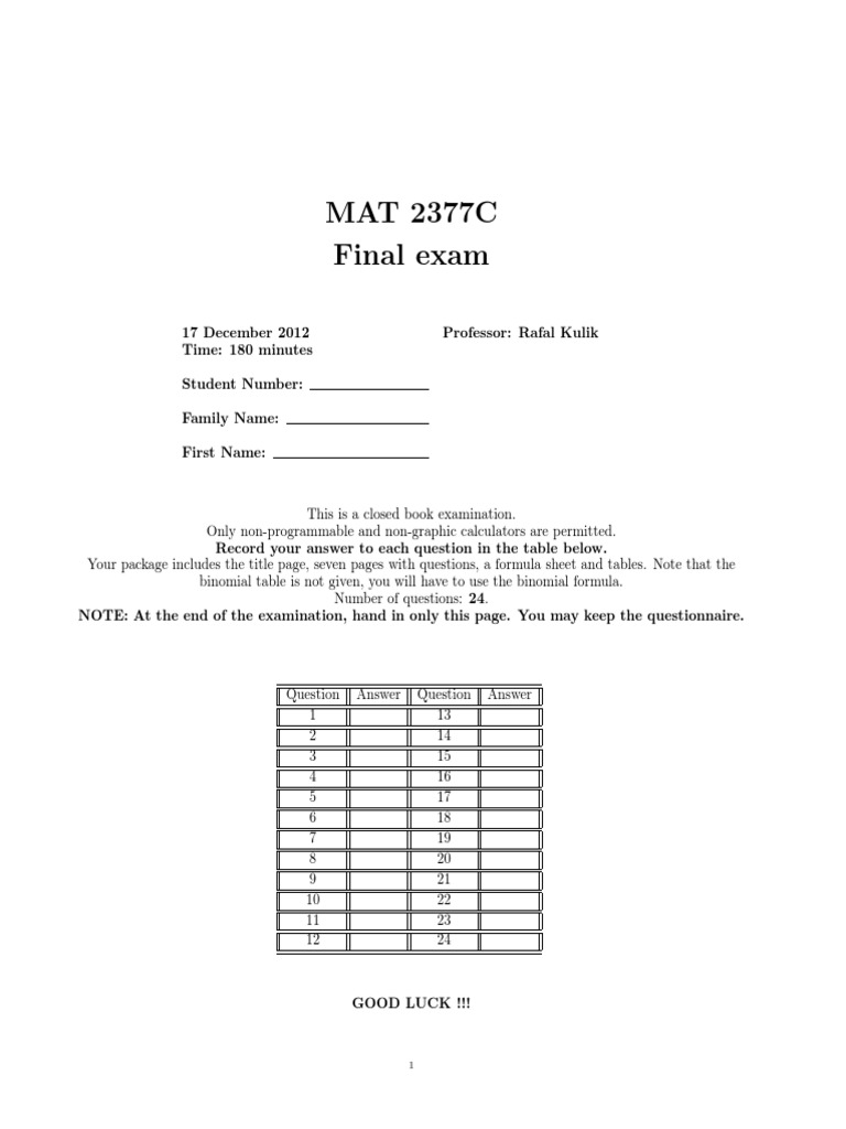Mat2377 Exam Solutions | PDF | P Value | Statistical Analysis