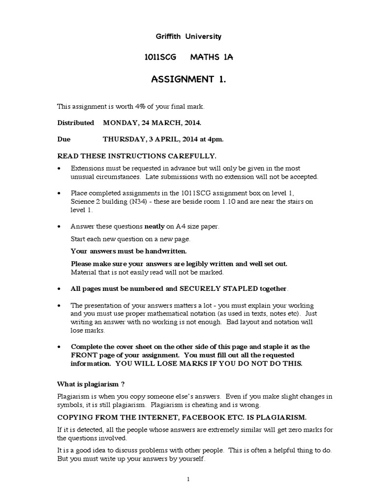 Griffith Uni Maths 1A Assignment | PDF | Plagiarism | Teaching Mathematics