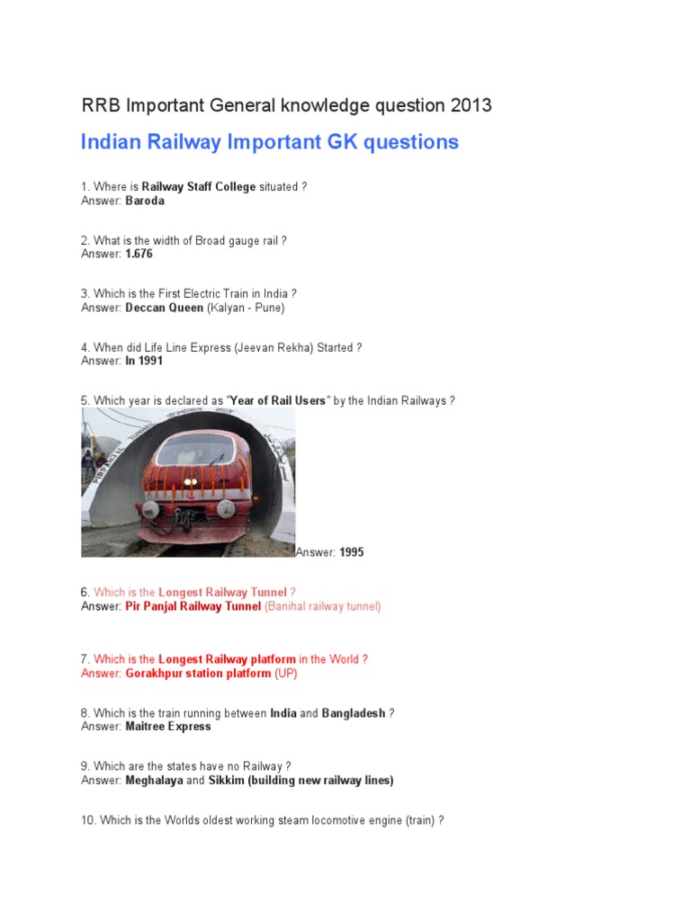 Indian Railway GK Questions & Answers | PDF