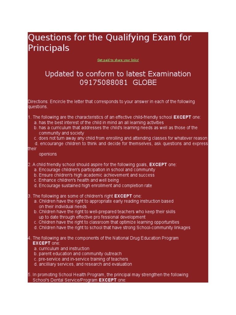 Questions For The Qualifying Exam For Principals | PDF | Thought ...