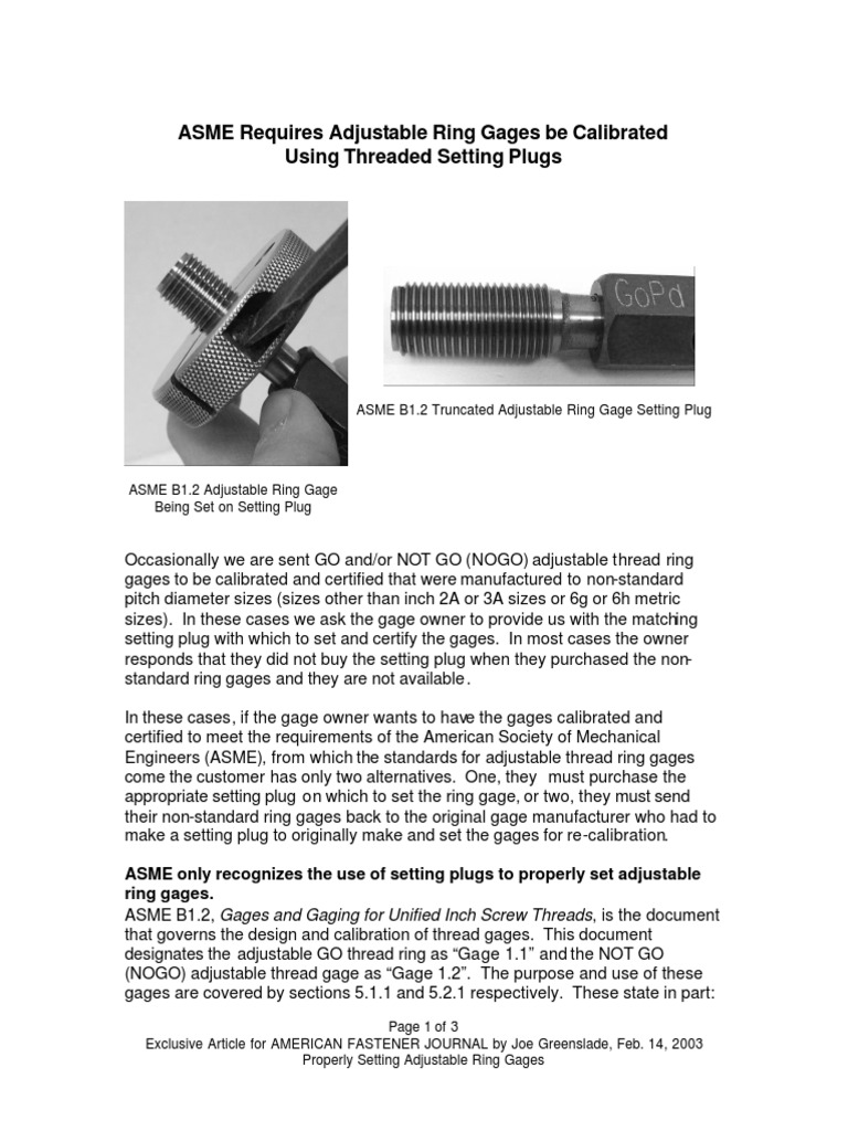 Threads-Setting Adjustable Ring Gages Per ASME B1.2 | PDF