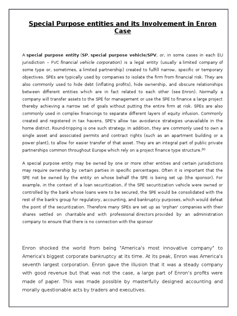 Enron's Use of Special Purpose Entities | PDF | Corporate Law ...