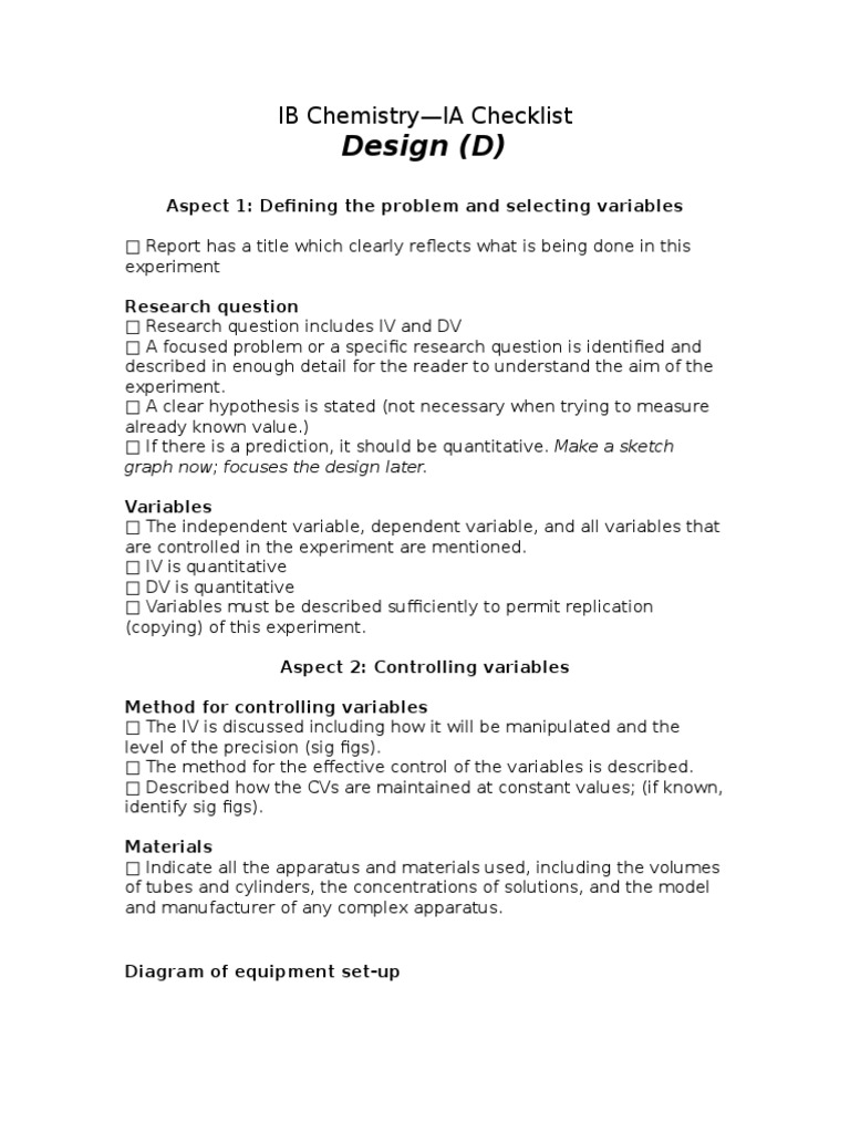 IB Chemistry IA Checklist Guide | PDF | Teaching Methods & Materials ...