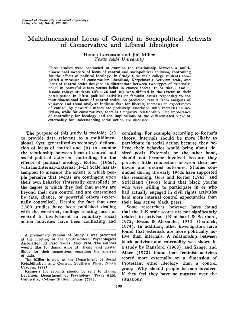 Multidimensional Locus of Control Attitude Scale Levenson Miller 1976 ...
